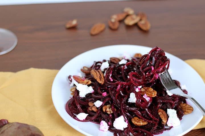 Roasted Beet Noodles with Goat Cheese and Pecans - Inspiralized